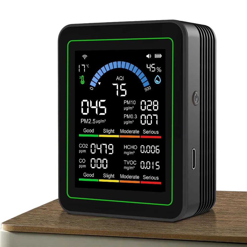 Умный измеритель качества воздуха Wi-Fi, 10-в-1: CO, PM2.5, формальдегид, TVOC, темп, влажн.