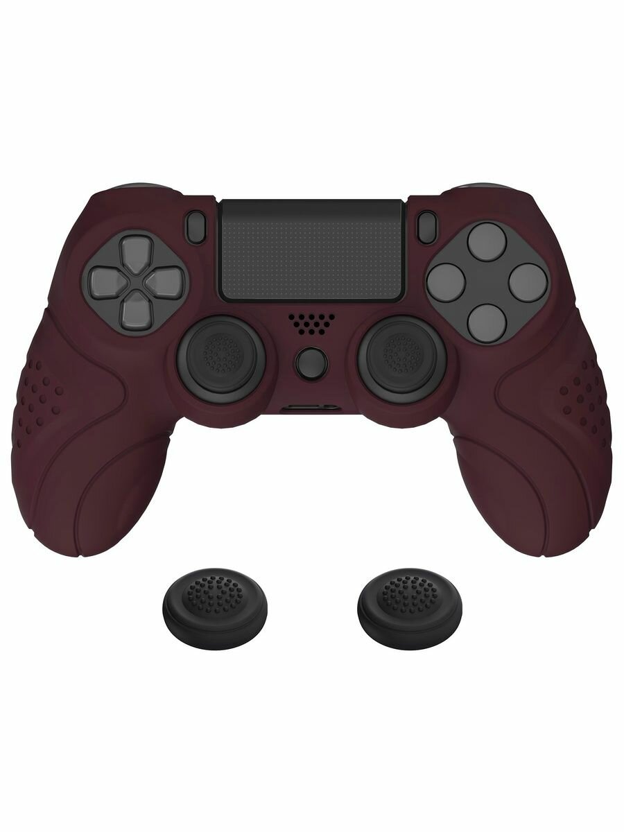 PlayVital Чехол для геймпада PS4 Slim/Pro, силиконовый, антискользящий, Guardian Edition, с накладками на стики, винно-красный