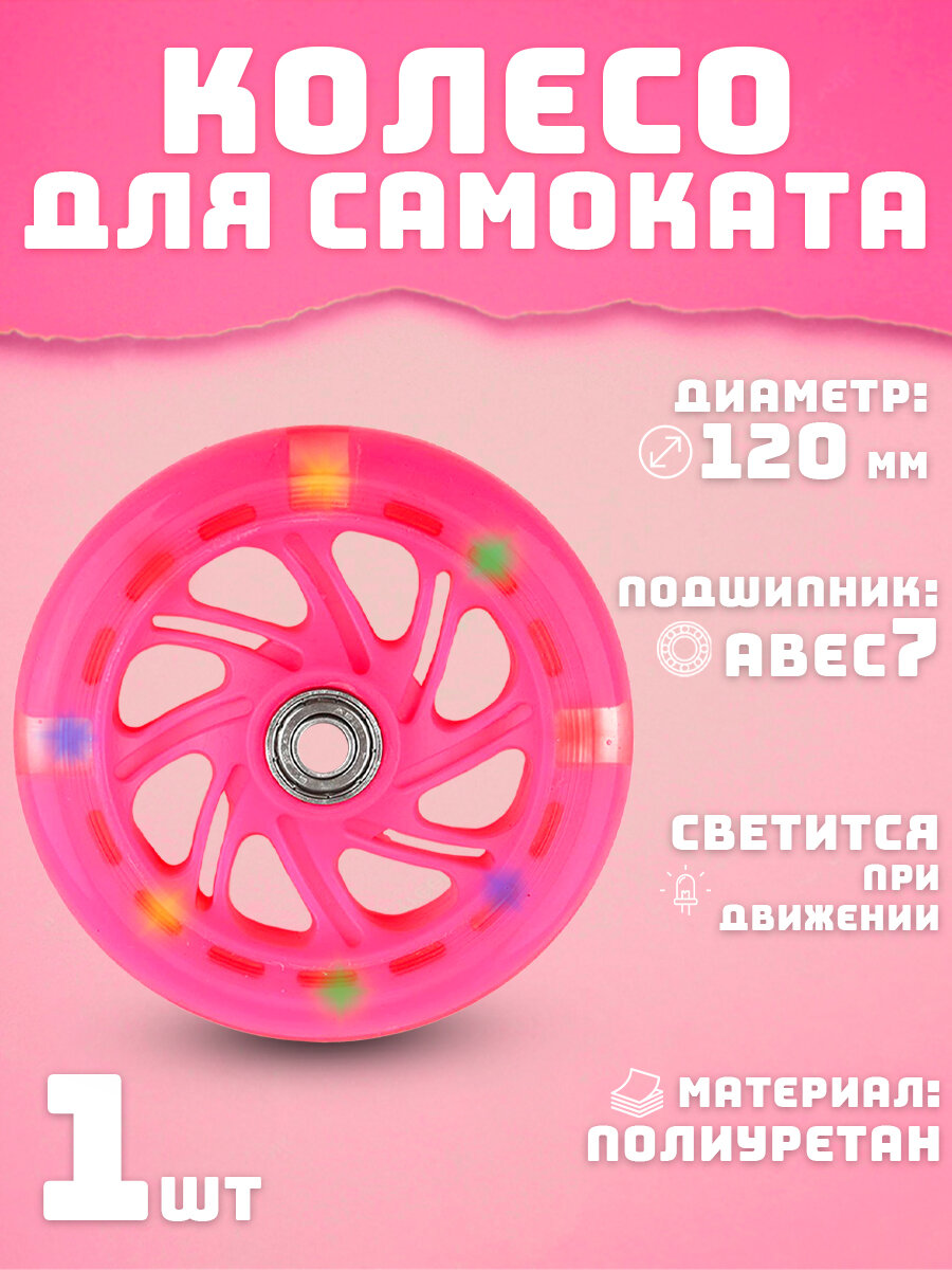 Колесо для самоката 120мм светящиеся, полиуретан, розовое, подшипник: ABEC7;