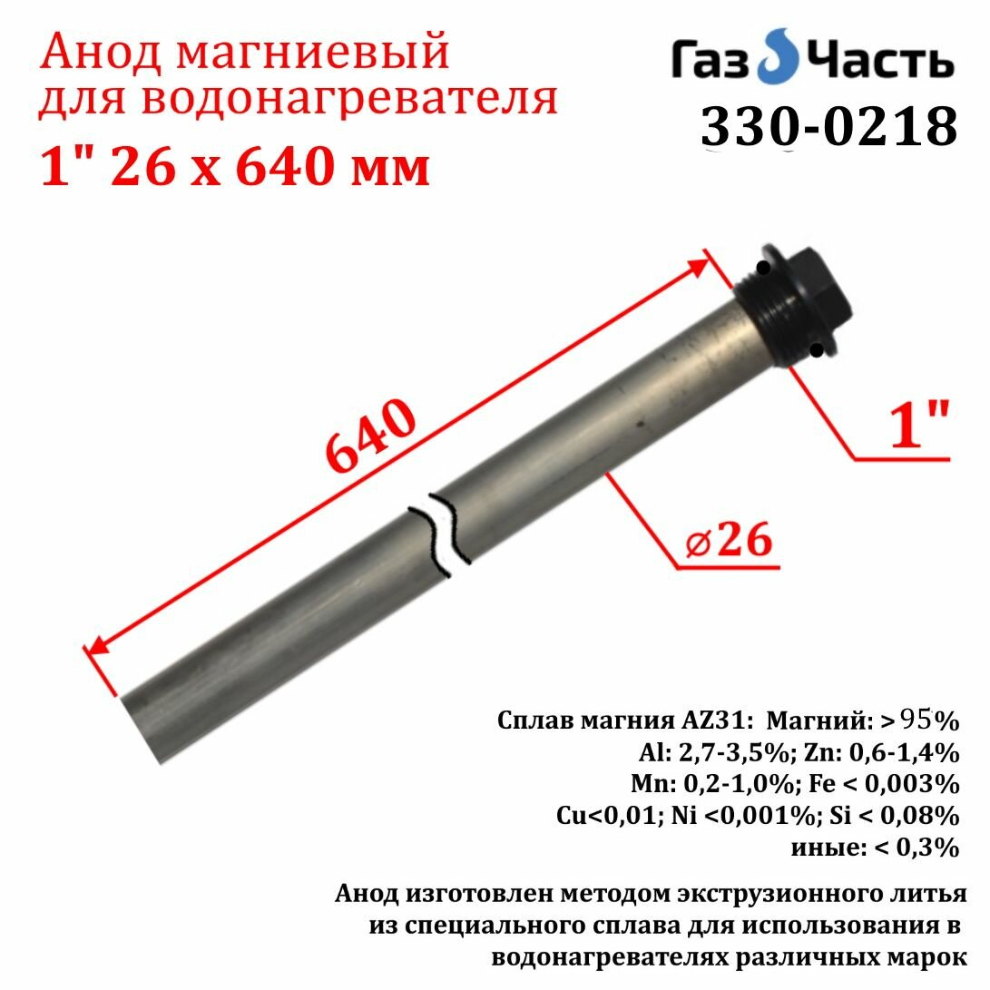 Анод 1" 640 мм (д.26 мм) защитный магниевый для водонагревателя ГазЧасть 330-0218