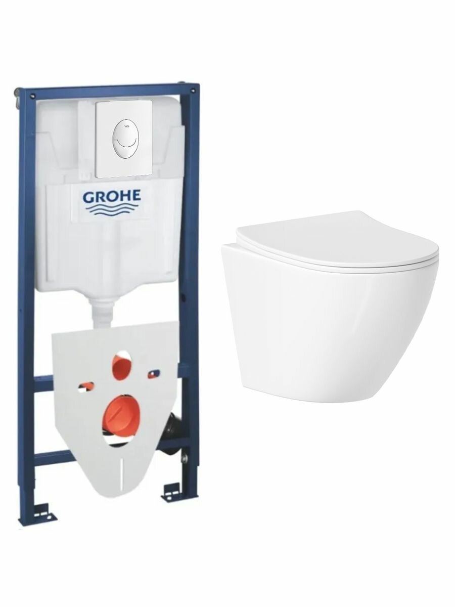 Инсталляция с унитазом комплект: унитаз подвесной Helmken 35490101, безободковый, сиденье с микролифтом из дюропласта, инсталляция Grohe, шумоизоляция, кнопка смыва