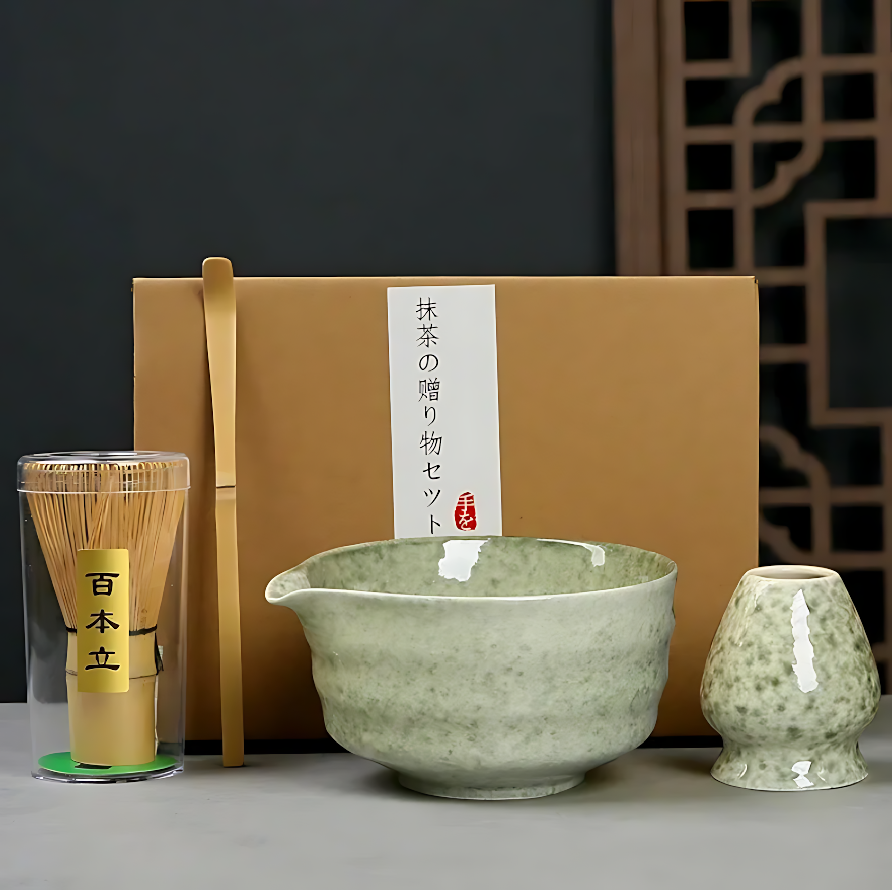 Набор для матча из бамбука и керамики, 4 предмета, fambe green-4pcs