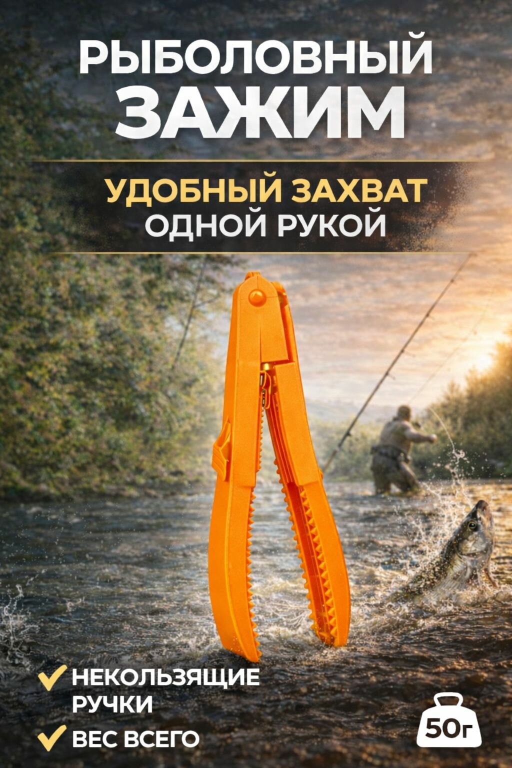 Рыболовный зажим липгрип для рыбы, захват одной рукой, нескользящий, лёгкий 50 г, аксессуар для рыбалки