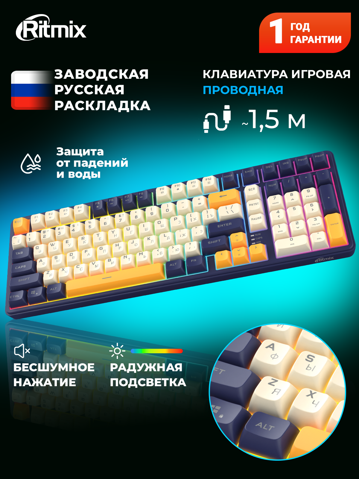 Клавиатуры Ritmix RKB-602BL Dark Blue, проводная, мембранная, с подсветкой