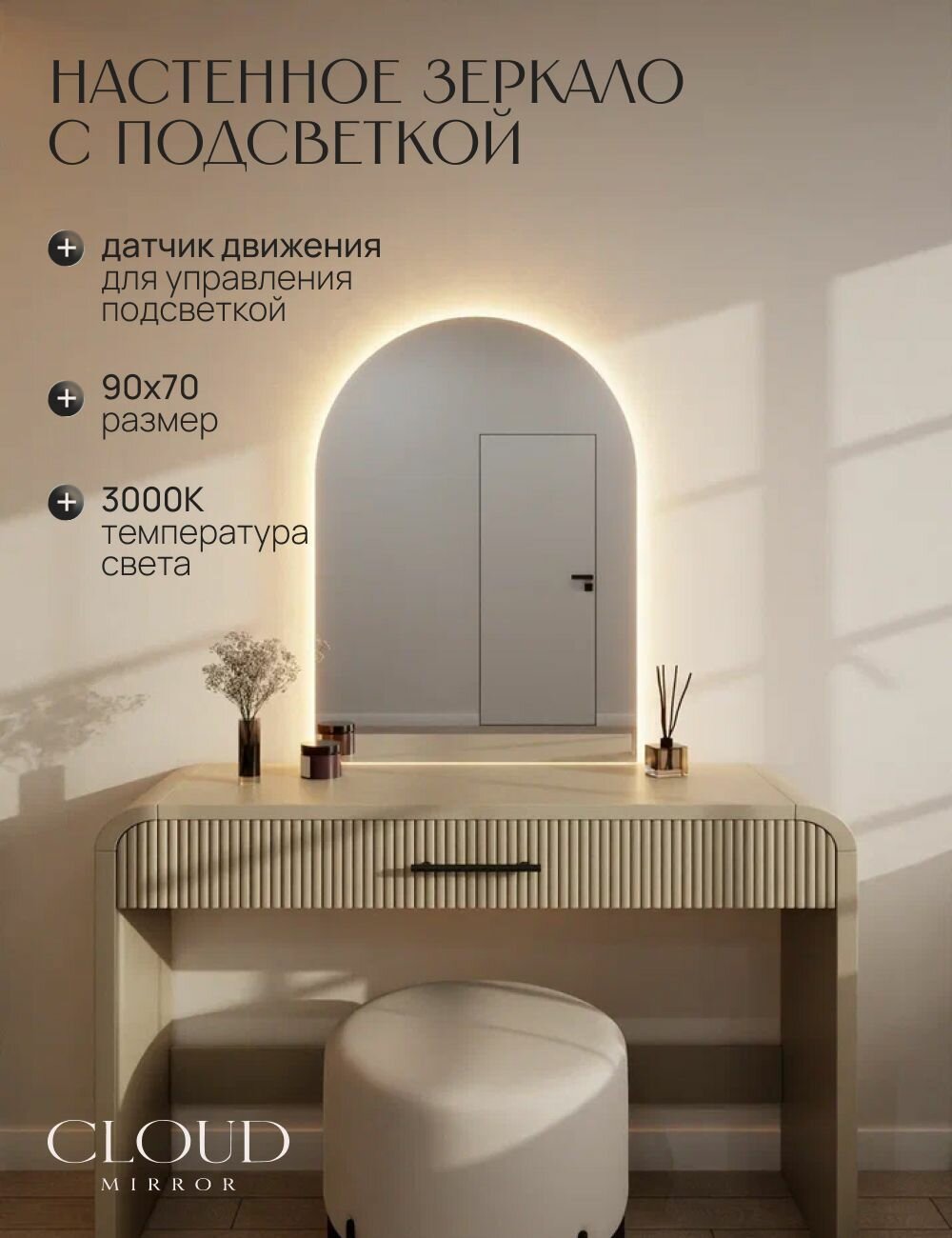 Зеркало 90х70 см. CLOUD MIRROR М5 настенное фигурное с подсветкой теплый свет 3000К