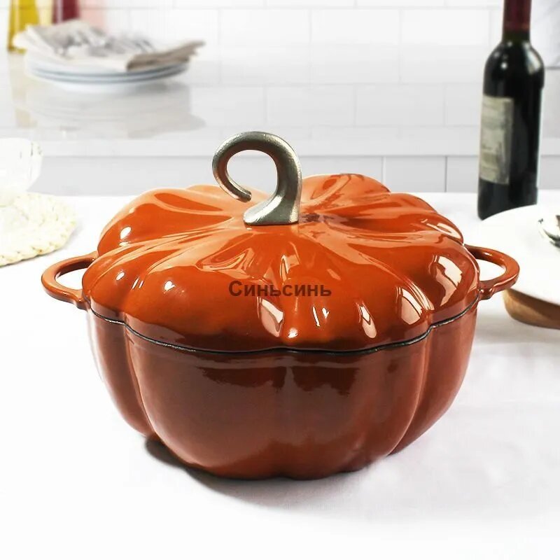Кастрюля чугунная эмалированная оранжевая в форме тыквы, 1.85 л, 1 шт, для индукции