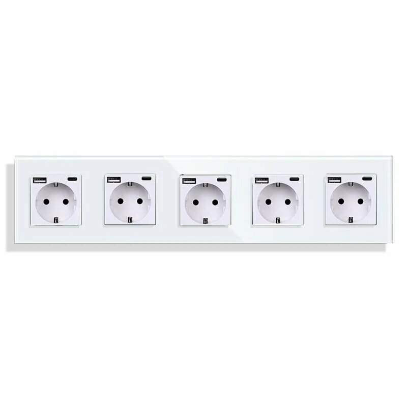 Розетка электрическая пятипостовая с USB и type-C входами, рамка закаленное стекло белый 1шт.