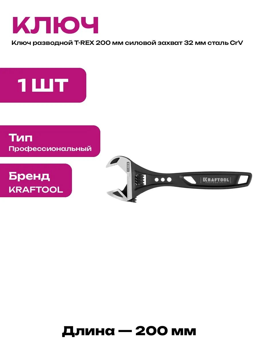 Ключ разводной T-REX 200 мм зев 32 мм сталь CrV силовой проф