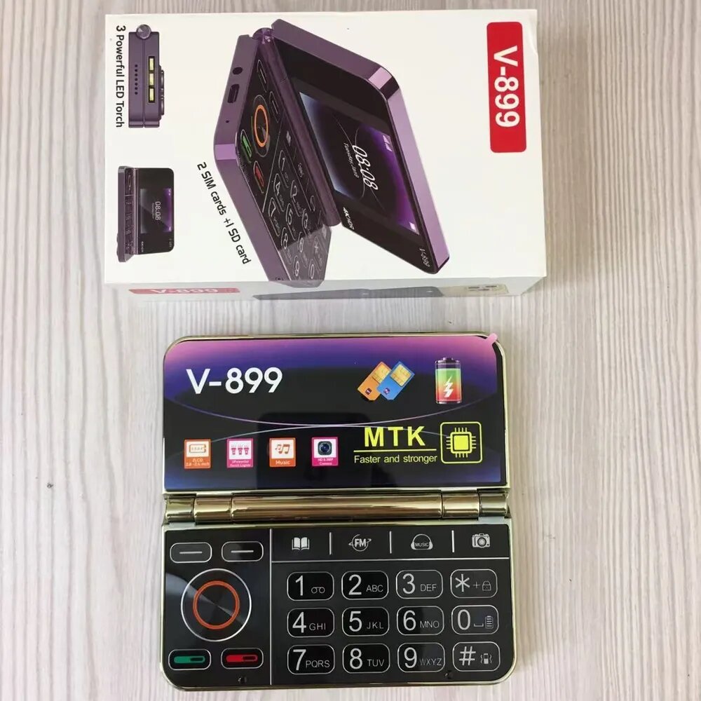 CEE Мобильный телефон V-899, золотой, складной GSM 2G, две SIM-карты, 2.8 дюйма, 64 ГБ