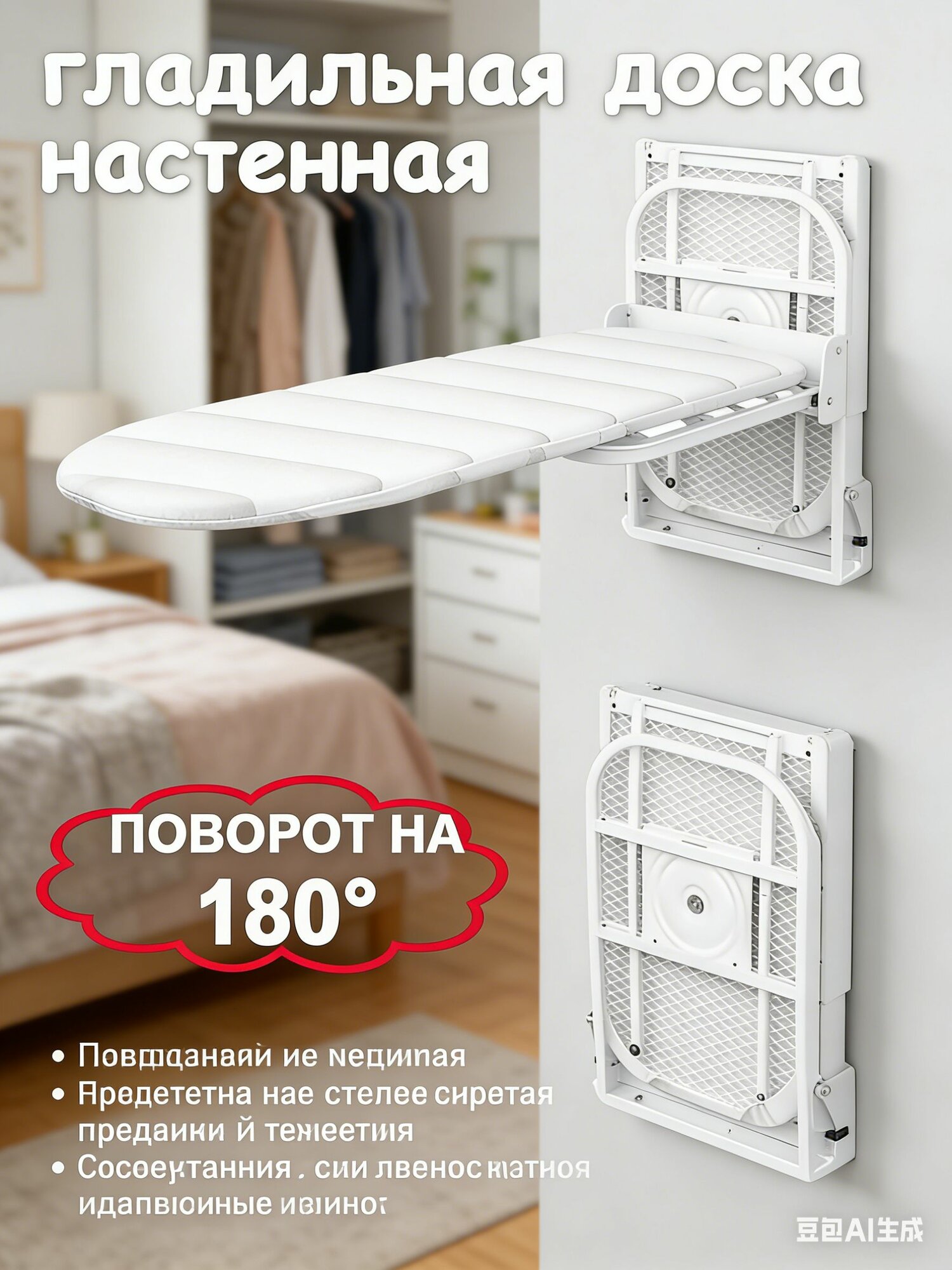 Встраиваемая настенная откидная гладильная доска поворот на 180 вращение под любым углом с фиксацией 93*31см