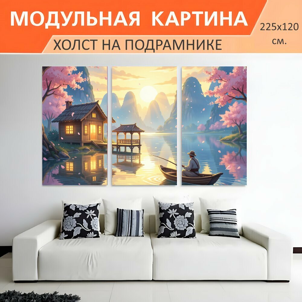 Модульная картина на холсте "Сакура у тихого озера. Уютный японский пейзаж в мягких пастельных тонах: цветущие деревья, спокойная." триптих на подрамнике 225х120 см. для интерьера