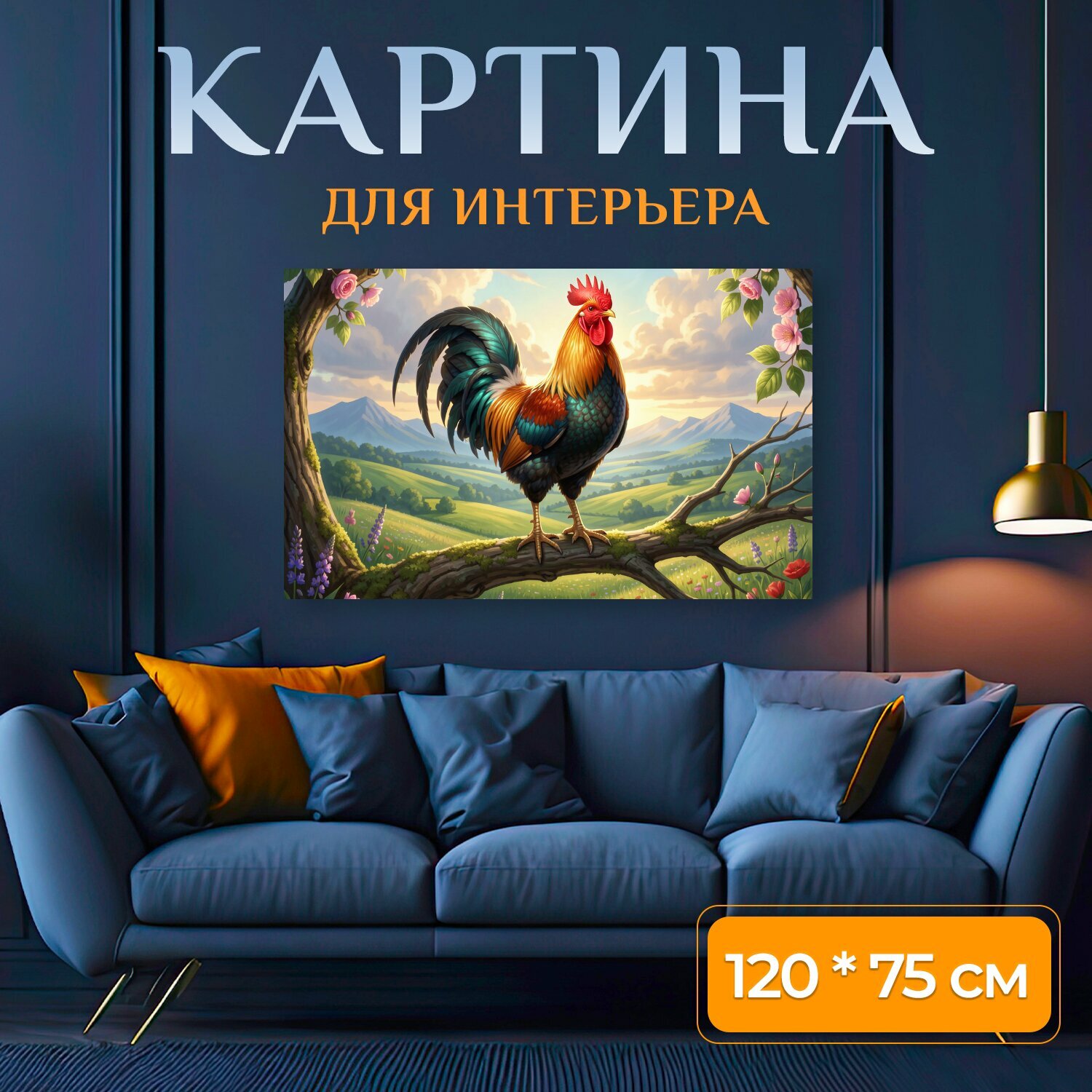 Картина на холсте "Петух в цветущем саду. Яркий декоративный петух на ветке среди розовых цветов и зелени, живописная сельская панорама с." на подрамнике 120х75 см. для интерьера