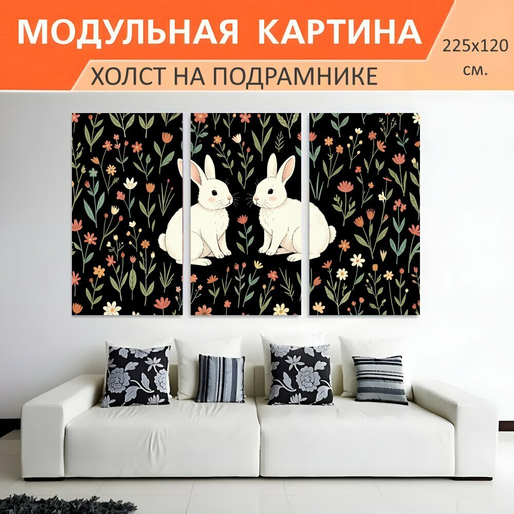 Модульная картина на холсте "Два белых кролика среди цветов. Нежная декоративная композиция в скандинавском стиле: пара светлых." триптих на подрамнике 225х120 см. для интерьера