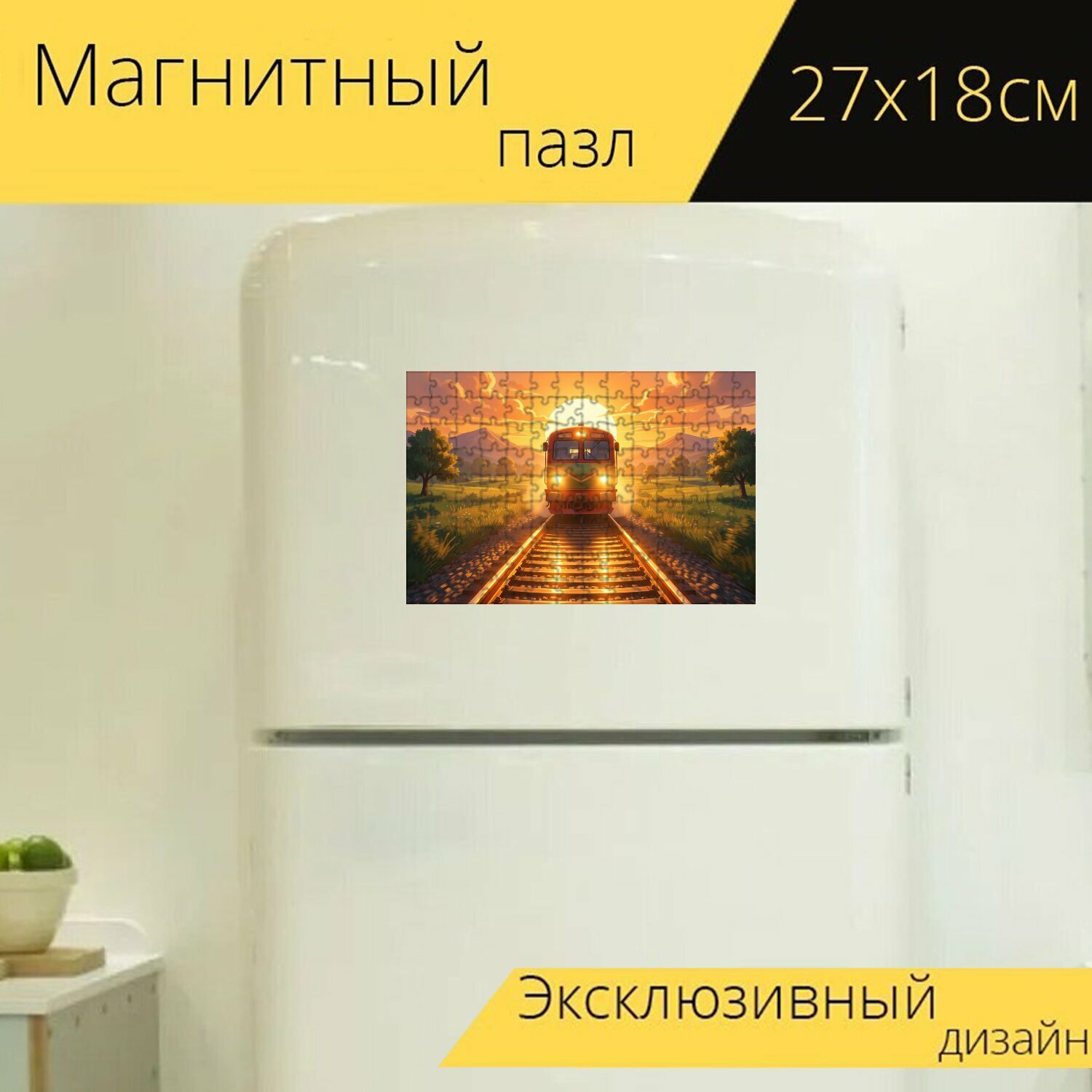 Магнитный пазл "Поезд на закате в поле. Яркая цифровая иллюстрация с локомотивом, мчащимся по рельсам сквозь зелёную долину. Тёплое оранжево-золотое." на холодильник 27 x 18 см.