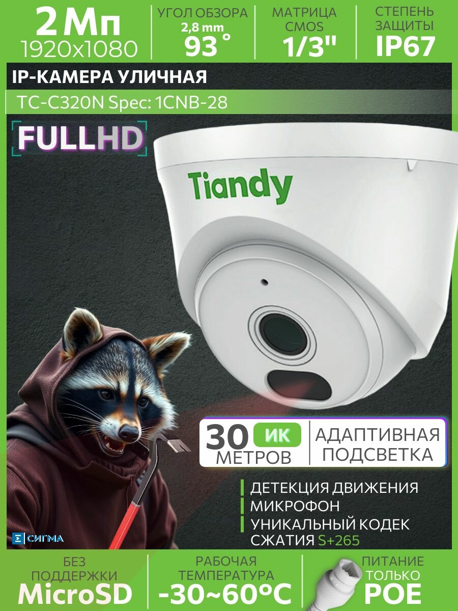 IP-камера видеонаблюдения Tiandy TC-C320N 1CNB-28 2Мп Full HD ИК до 30м CMOS PoE уличная купольная микрофон