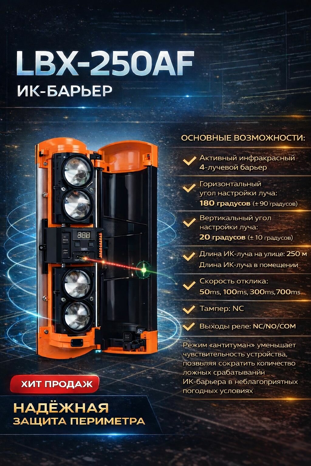ИК-барьер Активный инфракрасный 4-лучевой барьер LBX-250AF