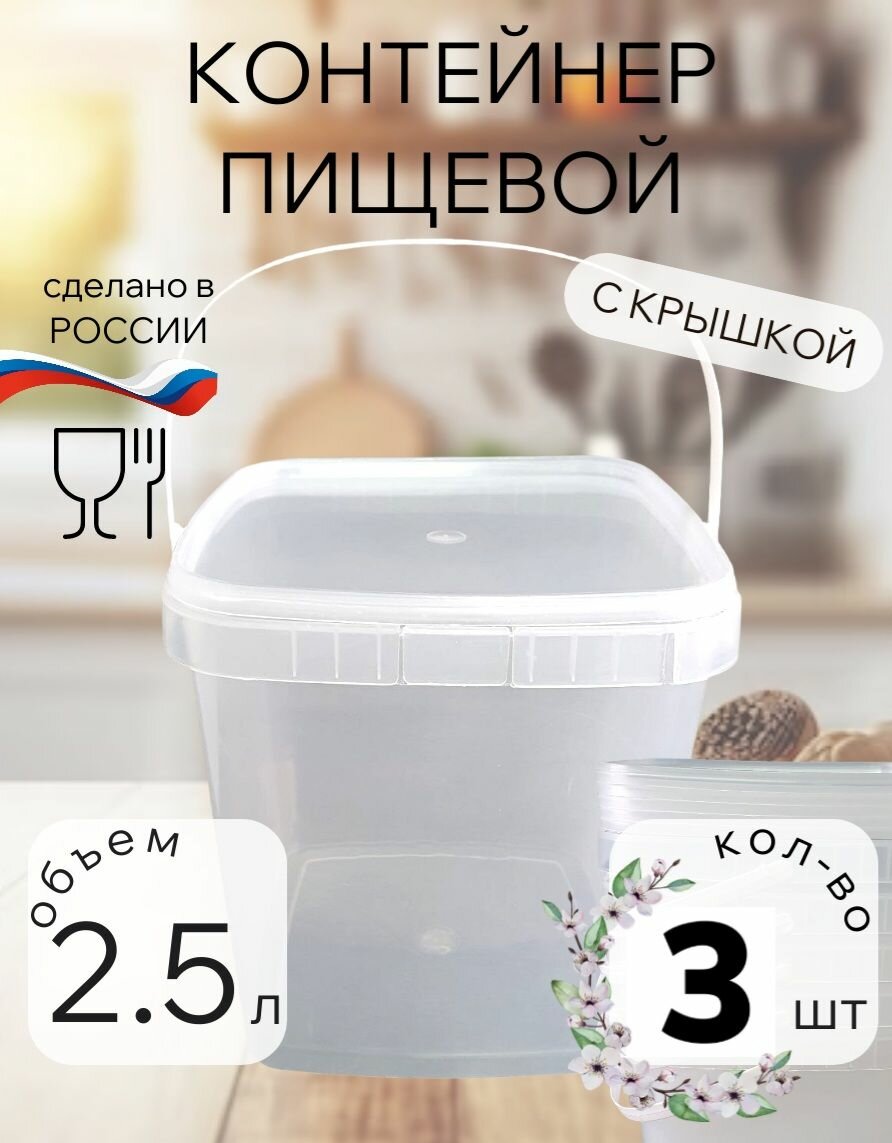 Контейнер для еды квадратный 2500мл, прозрачный с крышкой. В наборе 3 штуки