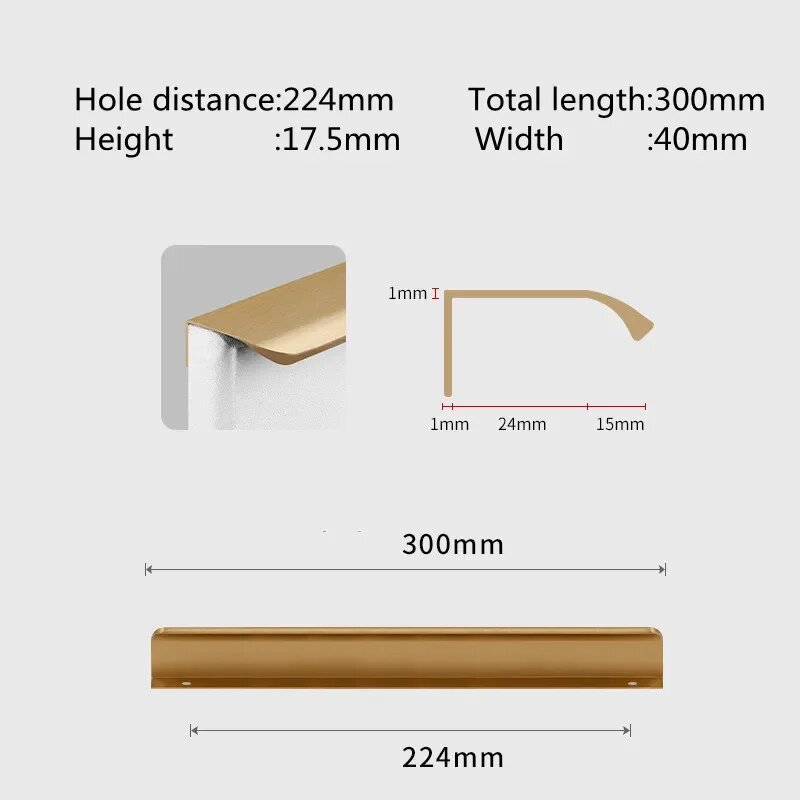 Ручки для шкафов золотистые, 300 мм, Hole distance: 224mm