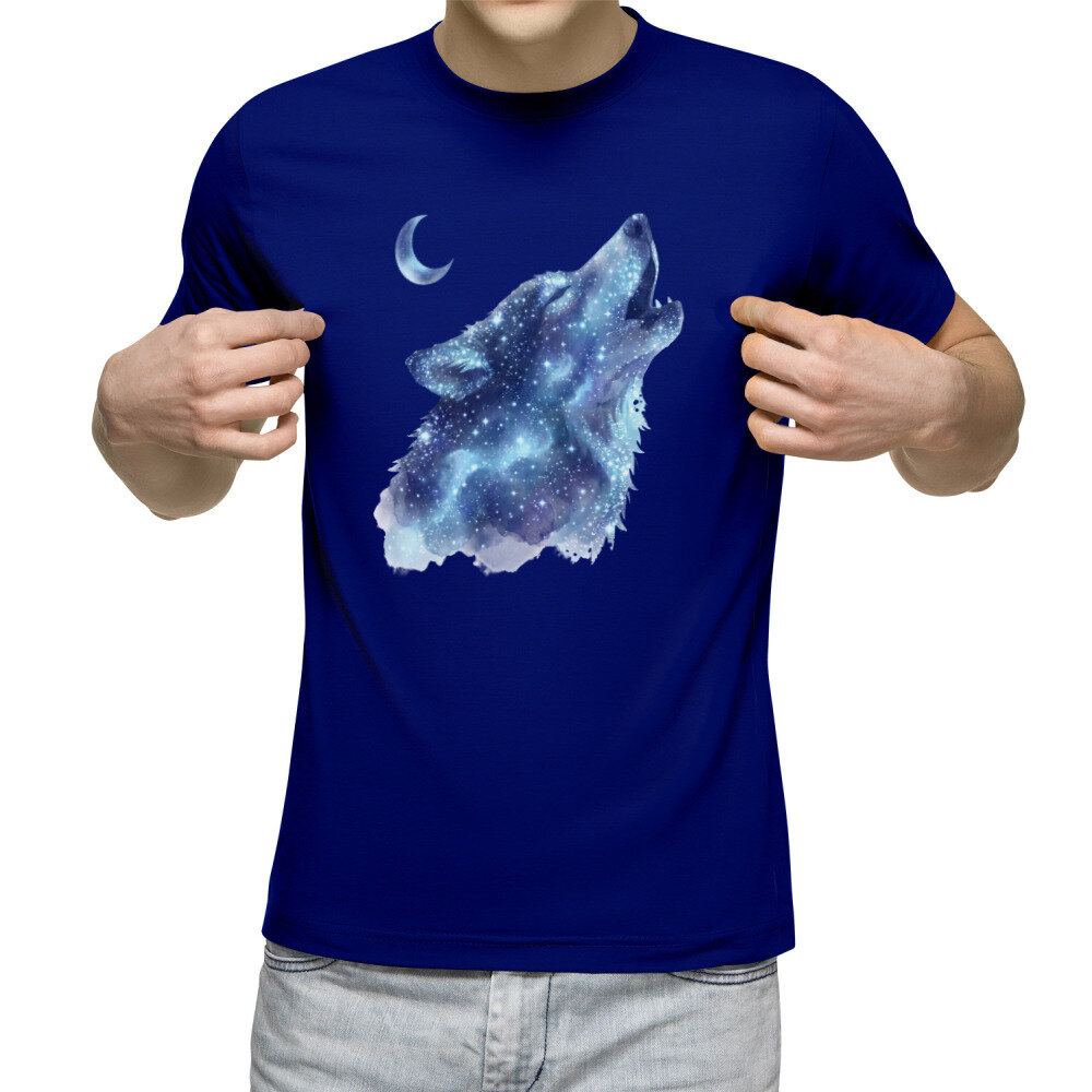 Мужская футболка «Волшебный принт с воющим на луну» (синий, 2XL)