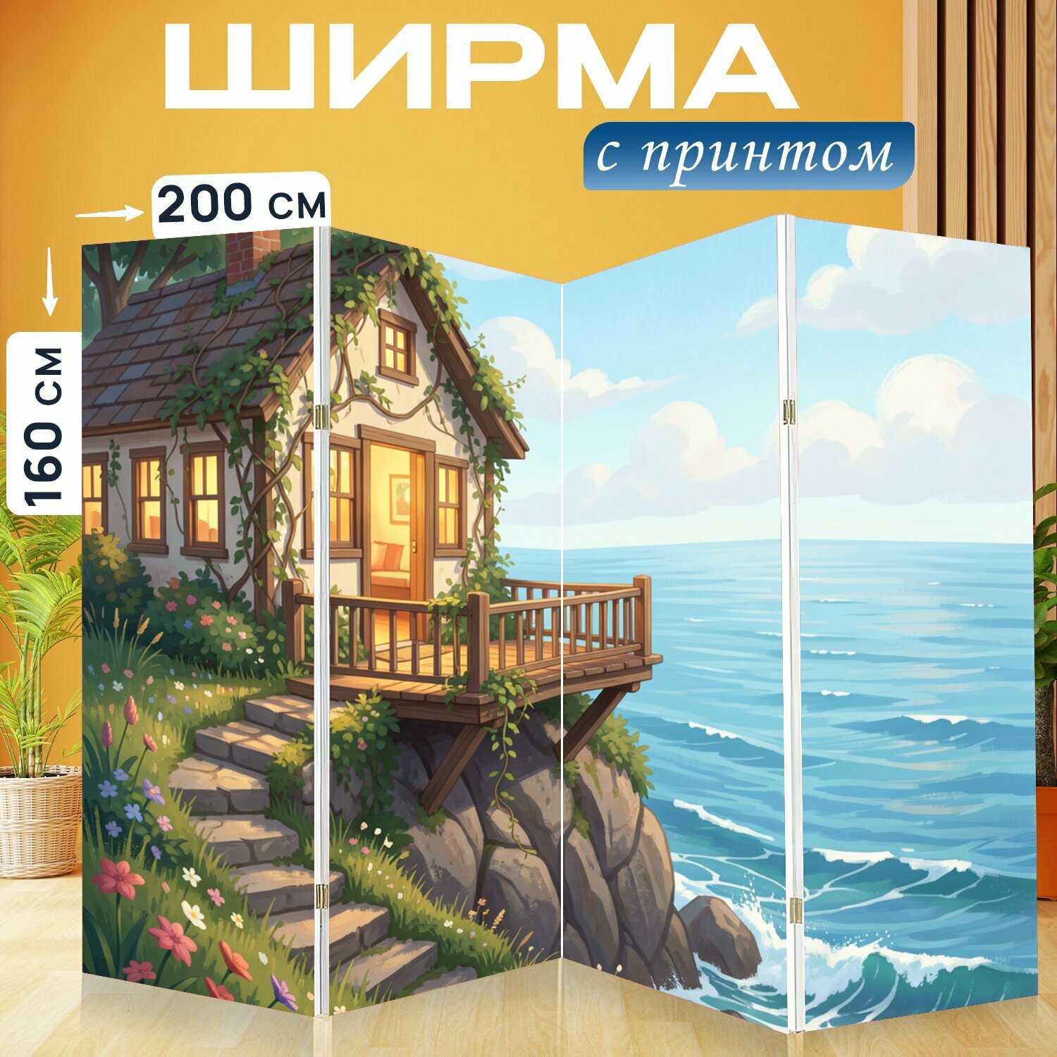 Ширма "Дом на скале у моря. Уютное прибрежное жилище с террасой, оплетённое зеленью и цветами, над тихими." перегородка для зонирования комнаты с принтом 200x160 см. на холсте