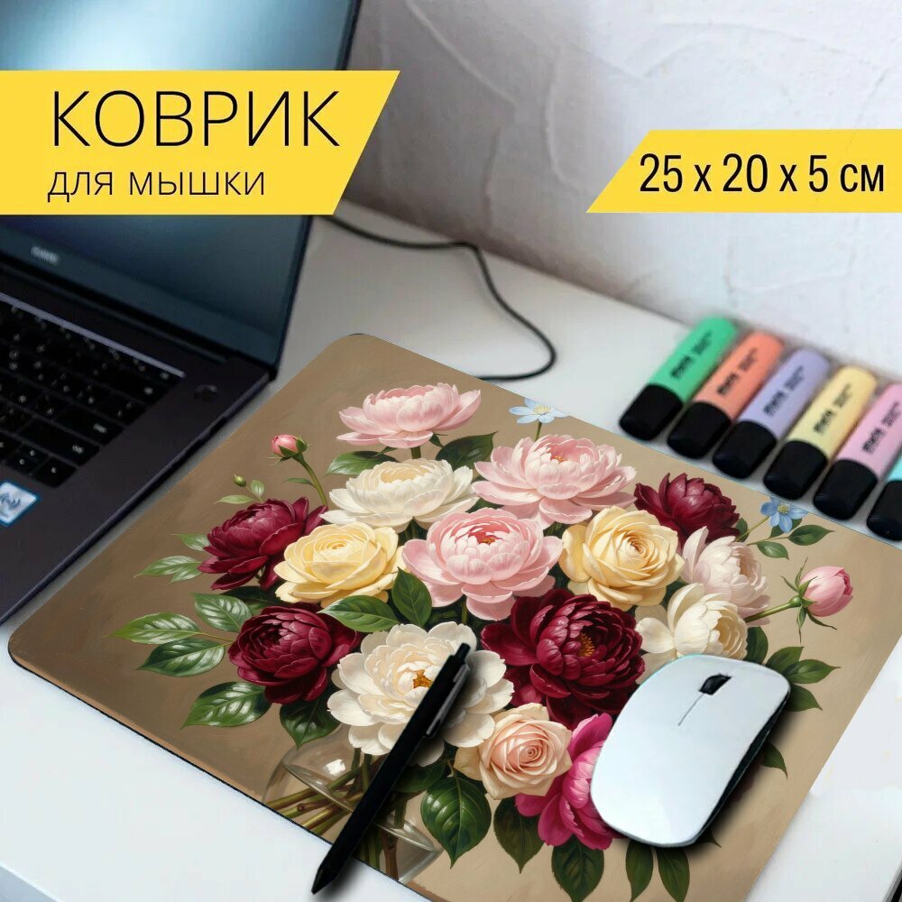 Коврик для мыши с принтом "Букет пионов и роз в вазе. Пышная цветочная композиция в живописной манере: нежные и бордовые бутоны, кремовые и розовые оттенки, зелёные листья." 25x20см.
