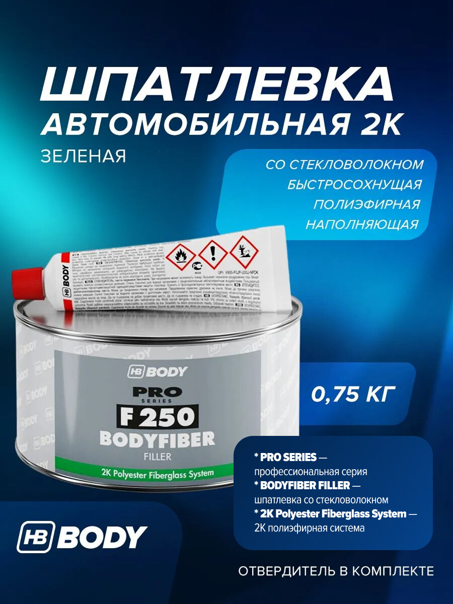 Шпатлевка автомобильная со стекловолокном 0,75 кг 2К зеленая с отвердителем в комплекте / HB BODY 250/ шпаклёвка