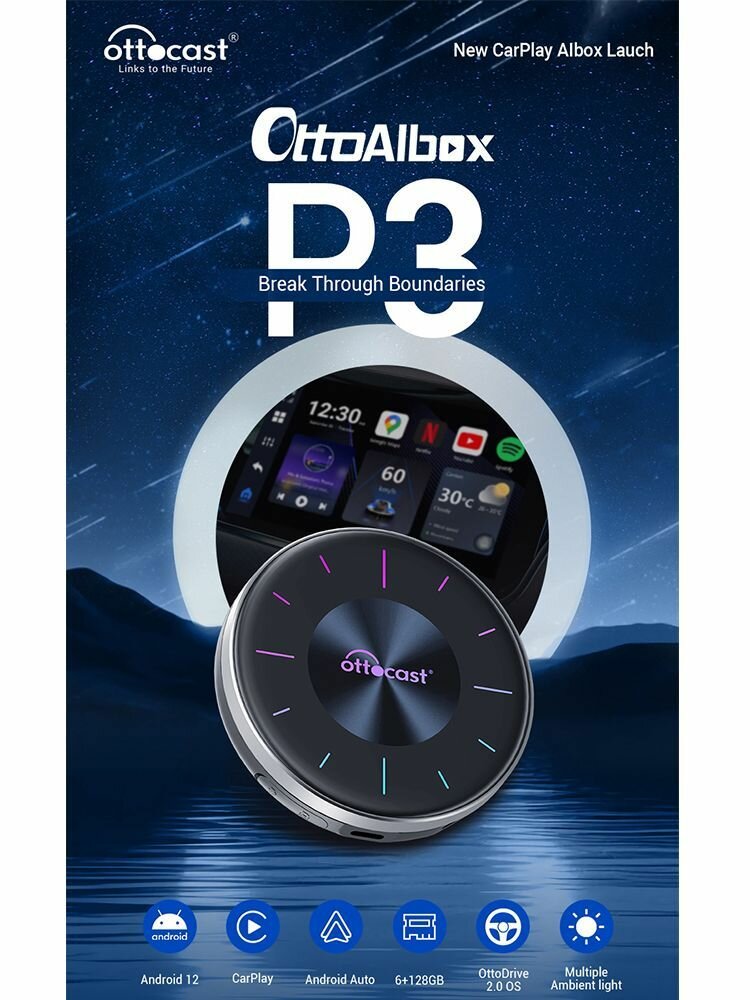 OTTOCAST PICASOU 3 CarPlay AI Box — беспроводной Android Auto, HDMI выход, Android 12, 8 ГБ ОЗУ / 128 ГБ ПЗУ, для Toyota, VW, Honda, Kia