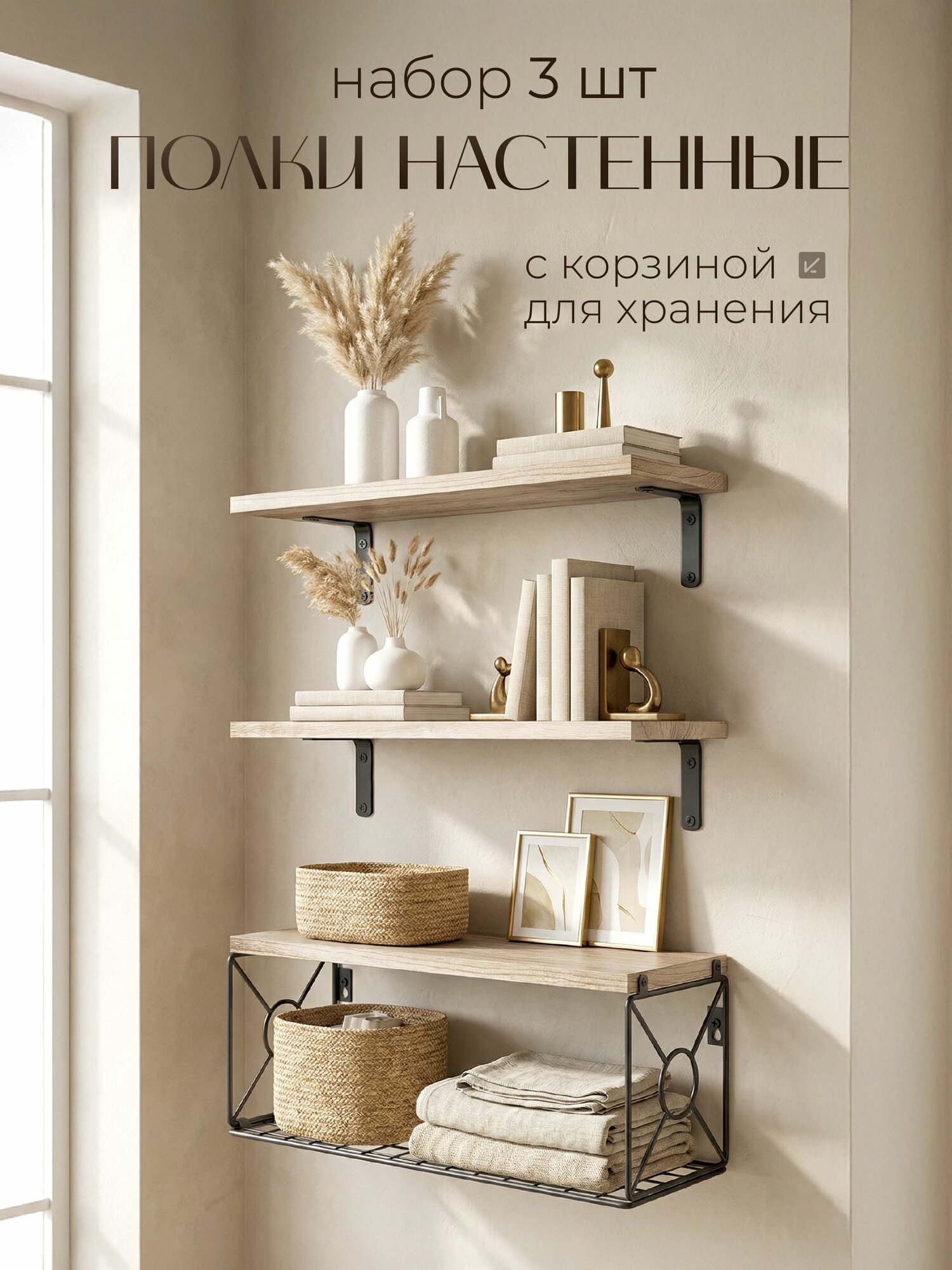Полки настенные, 3 штуки, полка для ванной, для кухни, для книг, для цветов / WELHOME