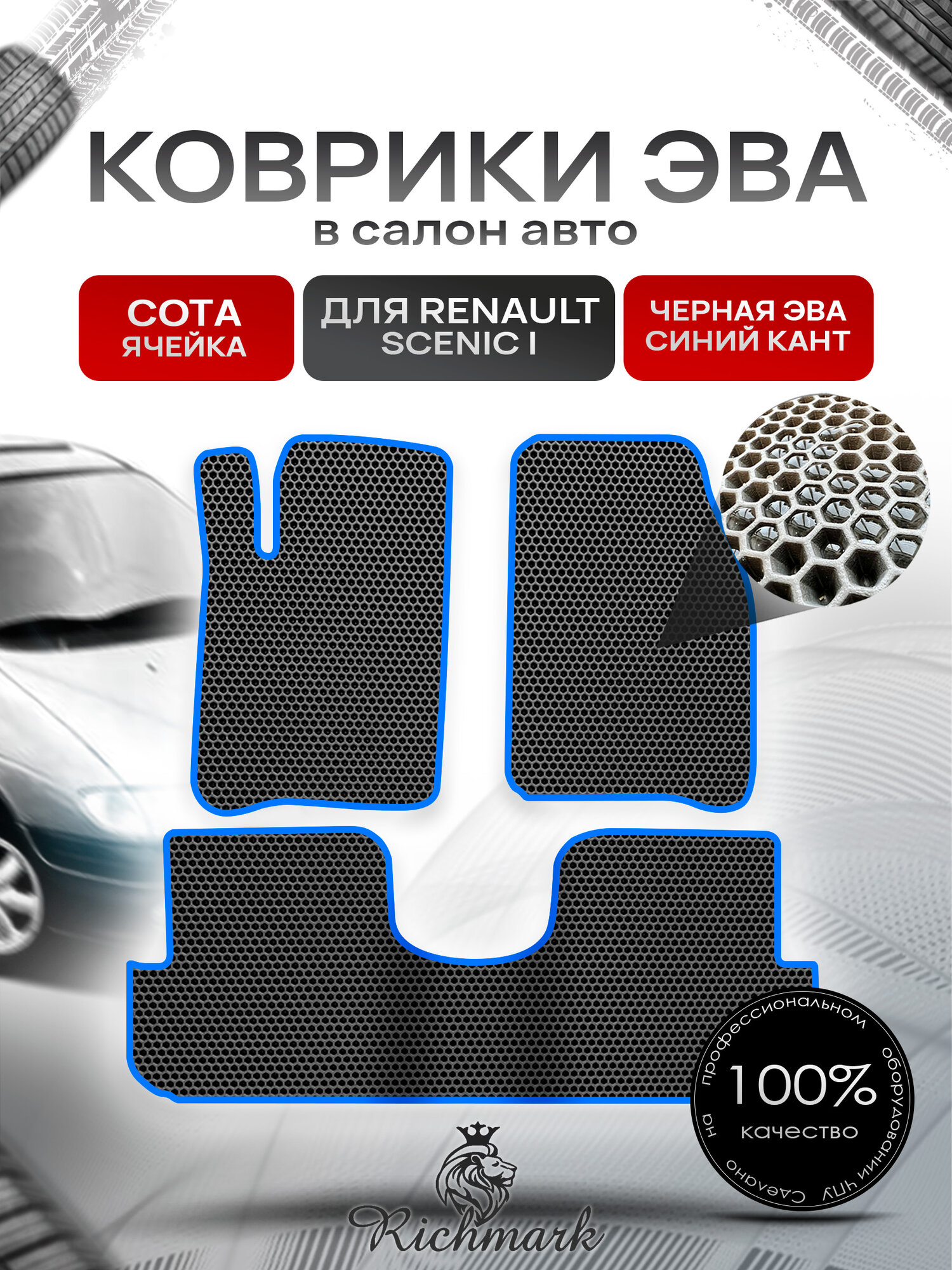 Коврики ЭВА сота для автомобиля Renault Scenic I 1996-2003 / Рено Сценик Чёрный С Синим Кантом