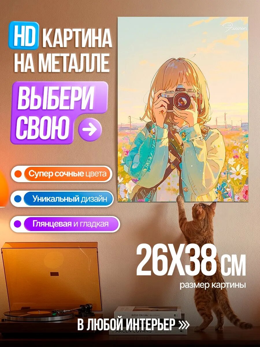 Картина на HD металле Девушка с камерой в поле