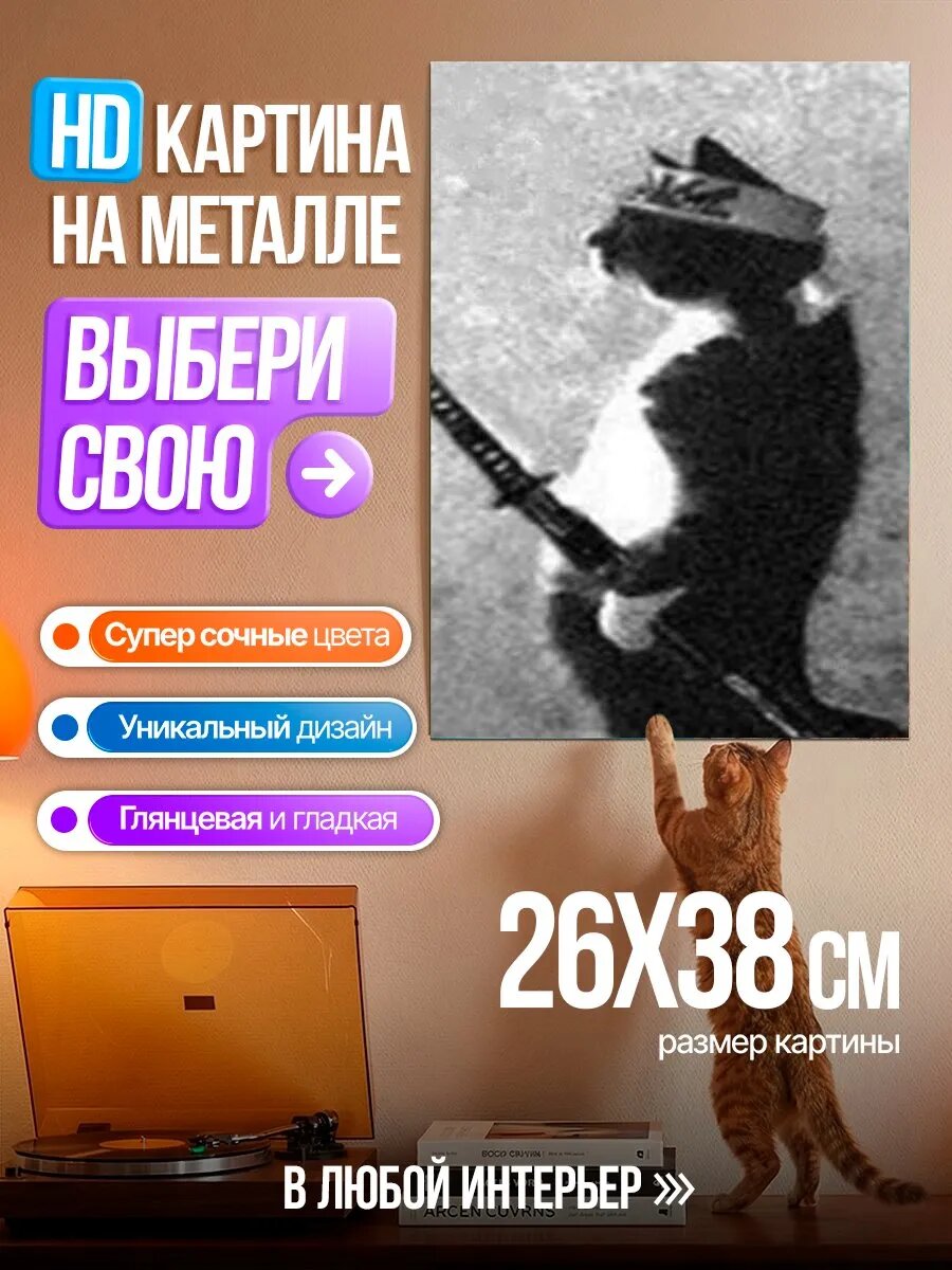 Картина на HD металле Кот самурай
