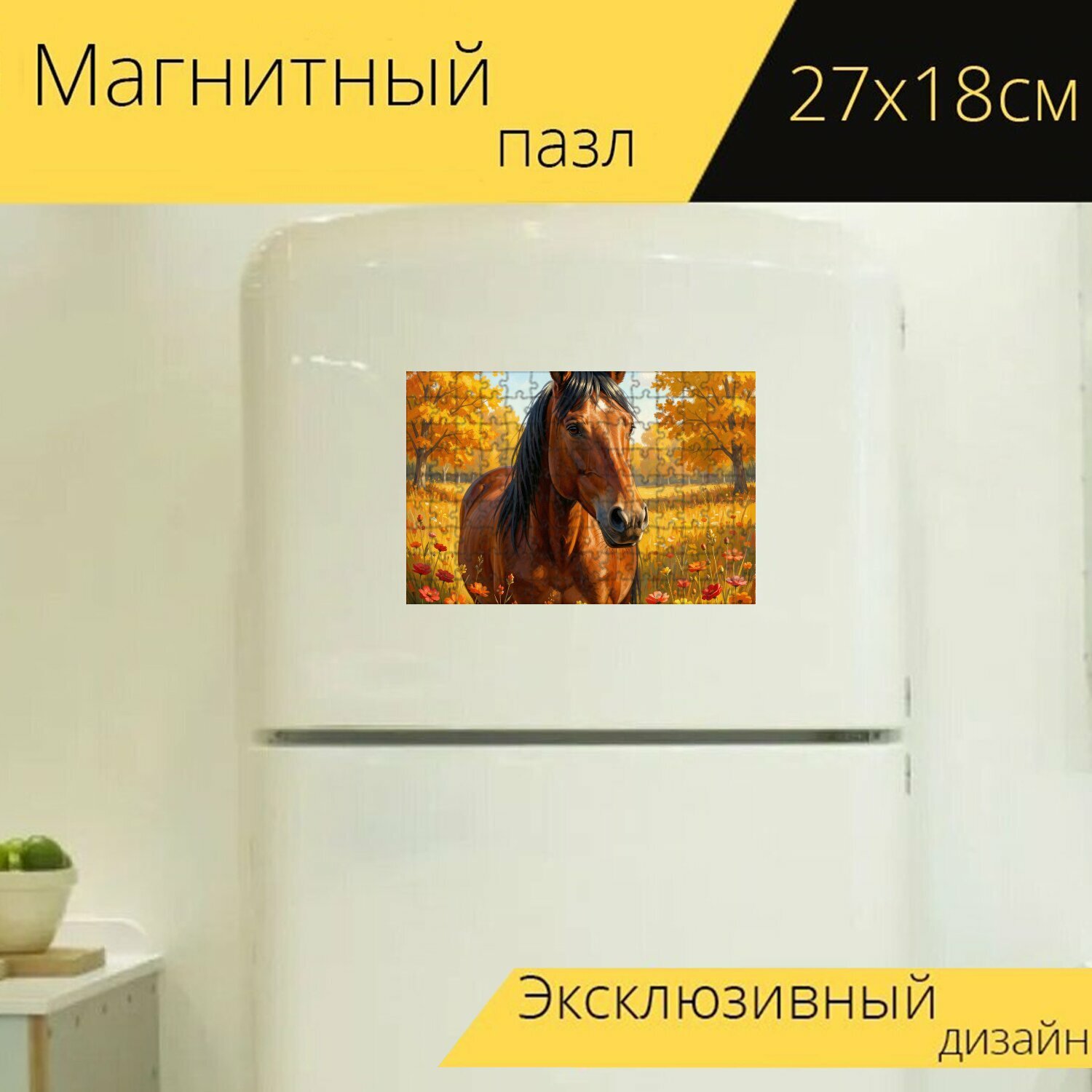 Магнитный пазл "Лошадь в осеннем поле. Реалистичная живопись с благородным конем среди золотистой травы и ярких полевых цветов, вокруг оранжевые деревья." на холодильник 27 x 18 см.