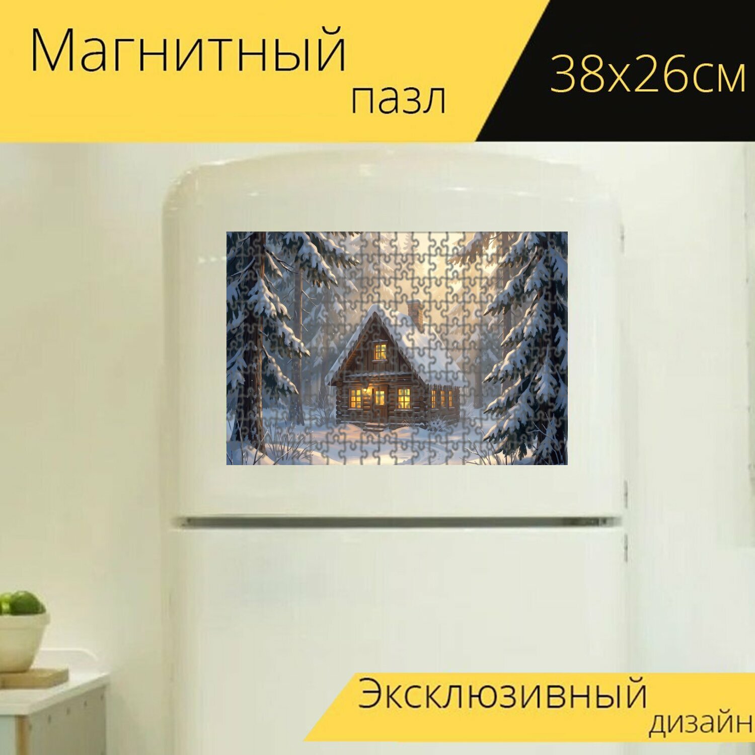 Магнитный пазл "Зимний домик в лесу. Уютное деревянное жилище среди заснеженных елей, теплый свет из окон, мягкие солнечные лучи и сказочная атмосфера." для интерьера, 38х26 см.