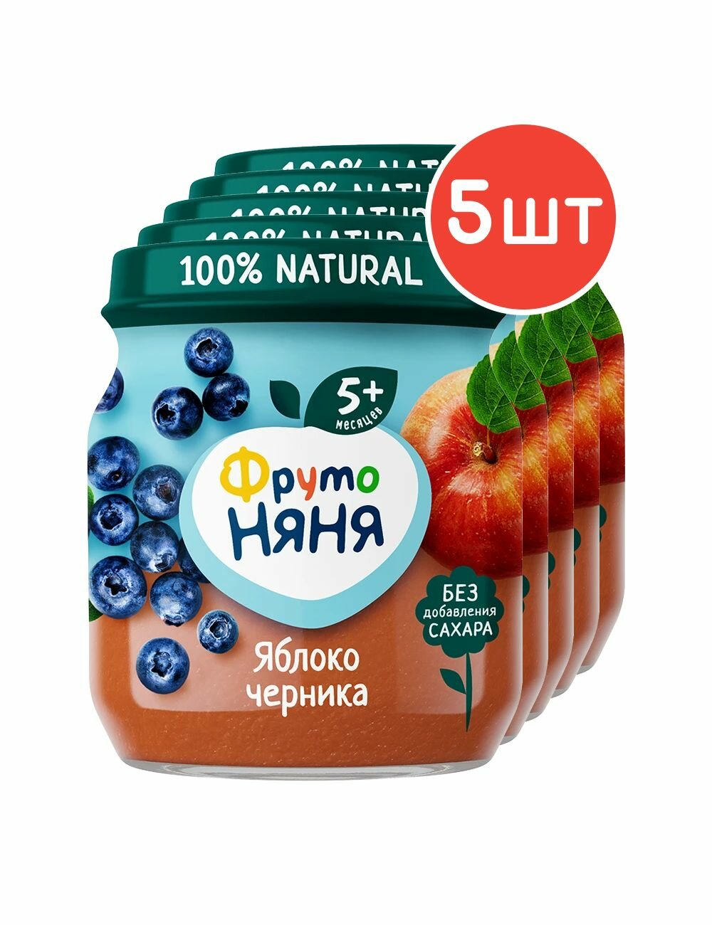 Пюре ФрутоНяня с 5 месяцев, Яблоко-черника 100г 5шт