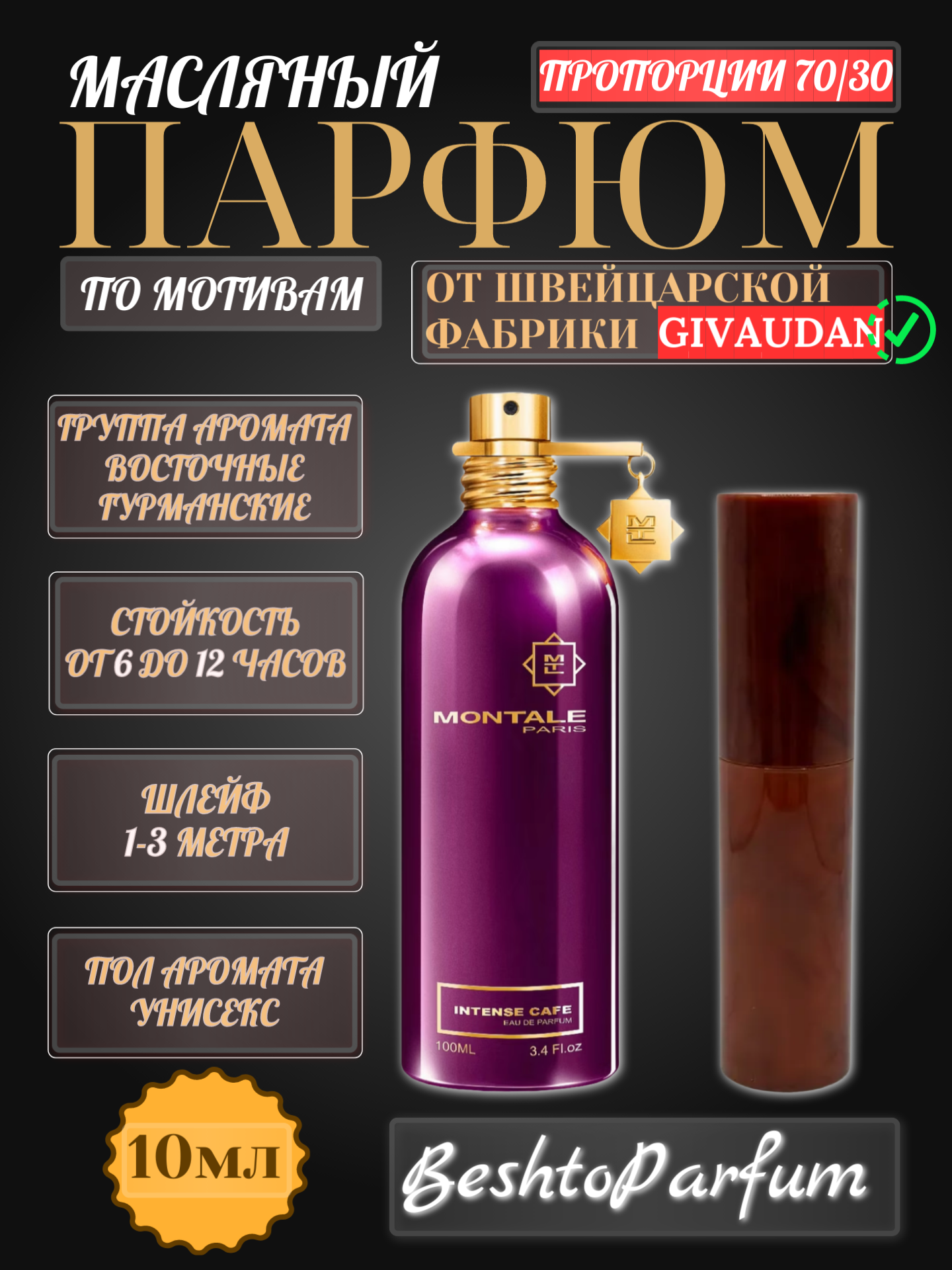 Масляные духи по мотивам Montale Intense Cafe — стойкий сладкий гурманский розово-кофейный аромат унисекс / 10мл