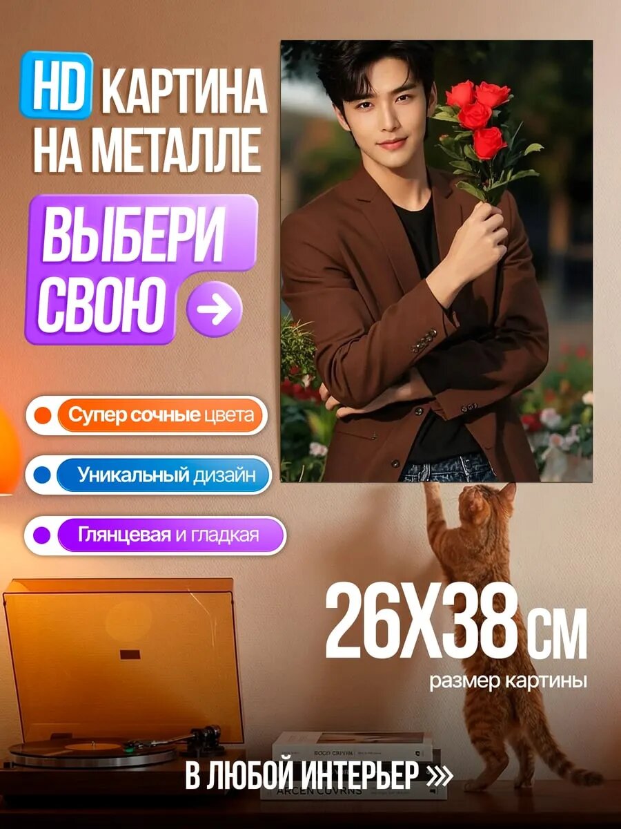 Картина на HD металле Парень с красными розами