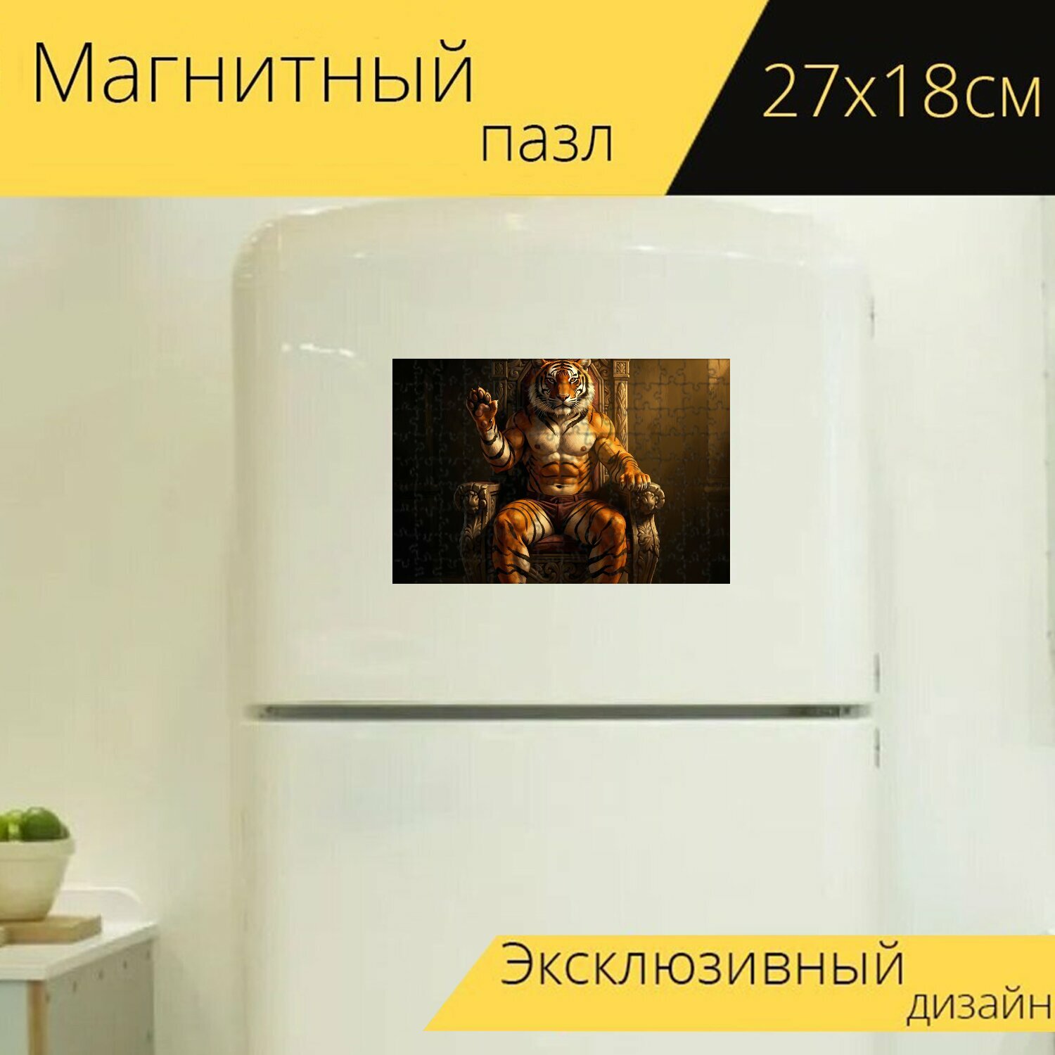 Магнитный пазл "Антропоморфный тигр на троне. Мускулистый зверочеловек с полосатой шерстью восседает в резном королевском кресле, поднимая лапу. Цифровая." на холодильник 27 x 18 см.