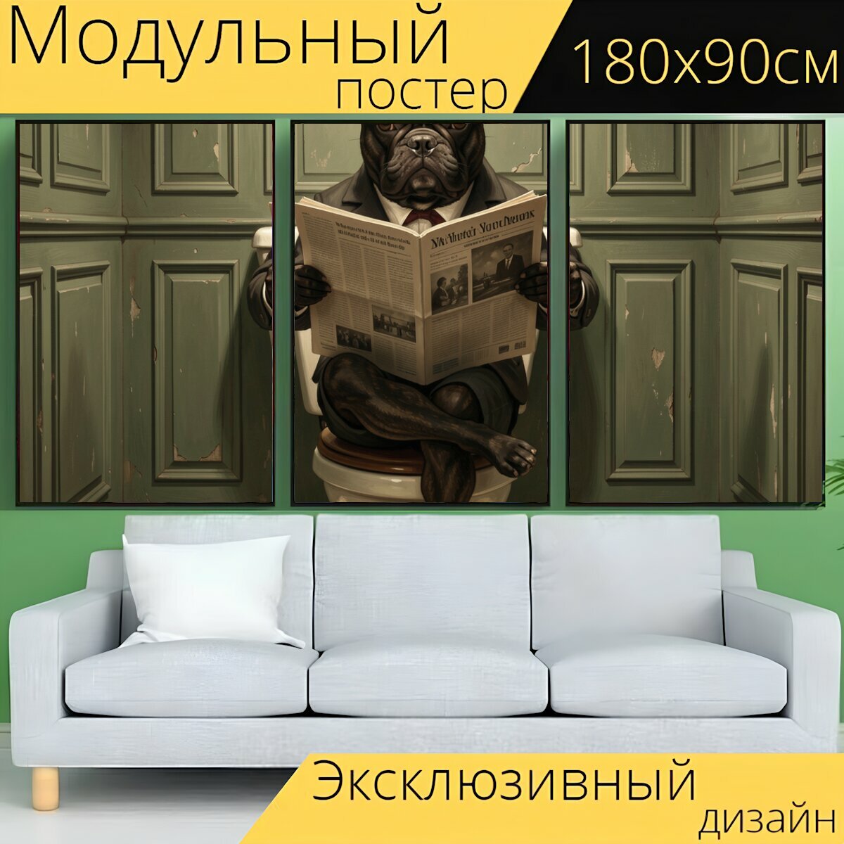 Модульный постер "Бульдог в костюме с газетой. Антропоморфная собака читает прессу, сидя на унитазе в винтажном интерьере. Ироничная." 180 x 90 см. для интерьера на стену в тубусе