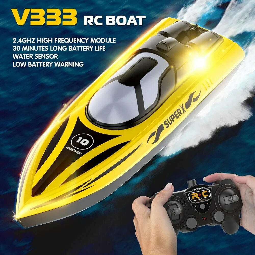 Радиоуправляемый катер V333 RC Boat, 2.4ГГц, двойной мотор, скорость 15 км/ч, дальность 50 м, 30 мин работы, водозащита, датчик воды и сигнал низкого заряда, USB зарядка, лодка на пульте для детей 14+