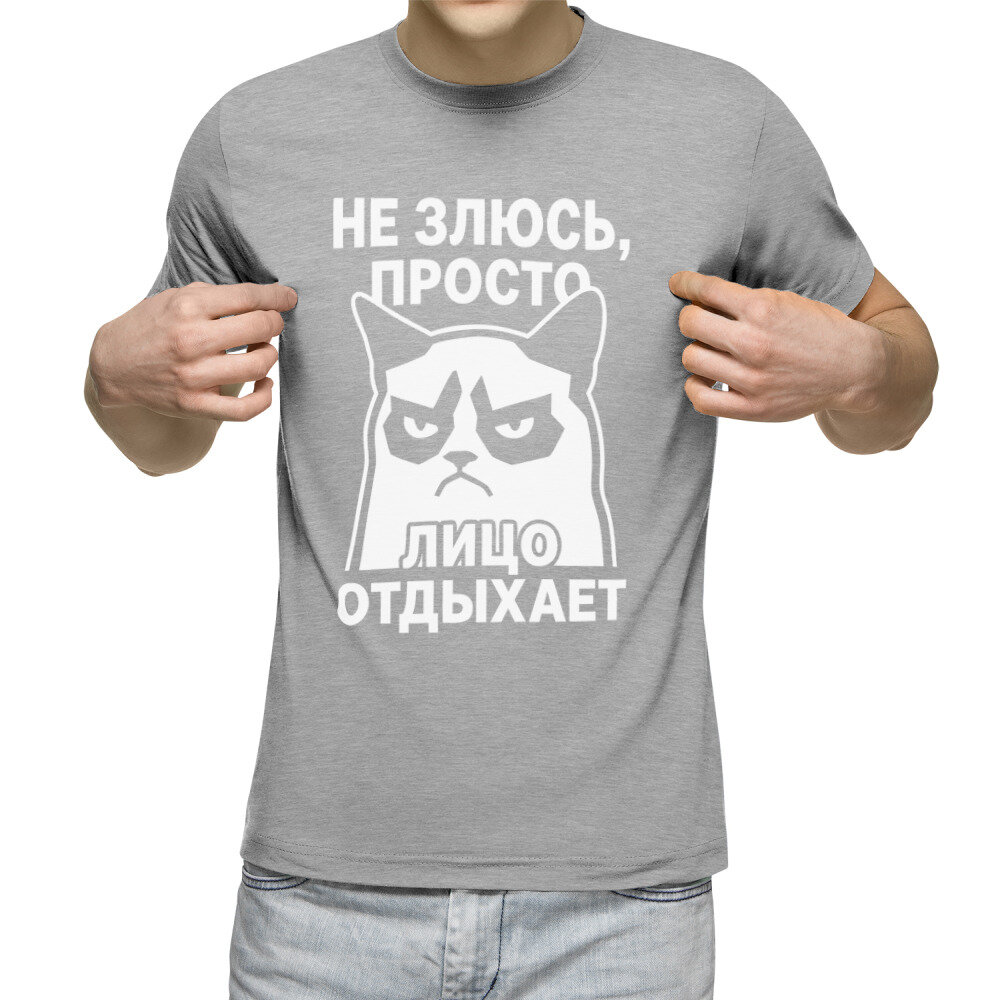 Мужская футболка «Унылый, сердитый кот, мем. Не злюсь. Прикол» (серый меланж, S)