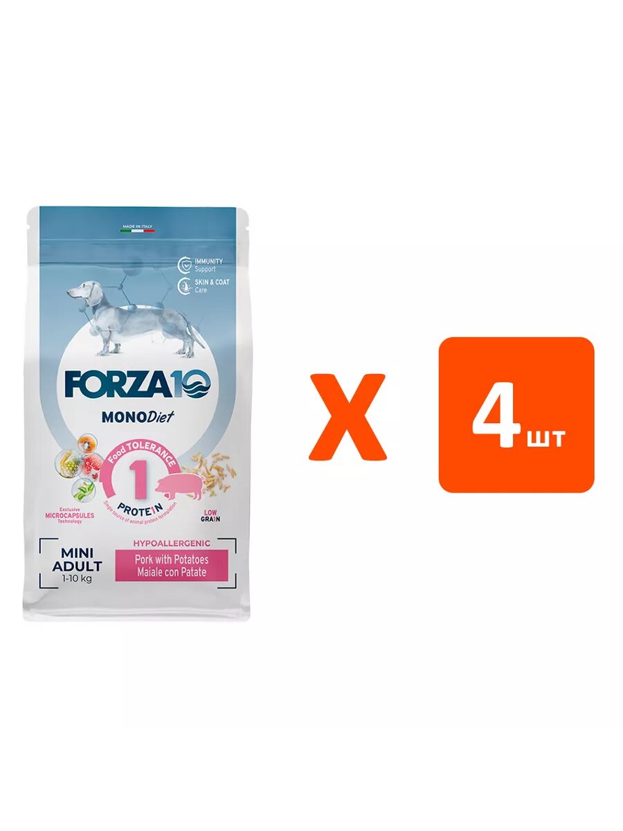 Корм сухой Forza10 Dog Mini Monodiet Low Grain для собак маленьких пород при аллергии со свининой, 1,5 кг х 4 шт