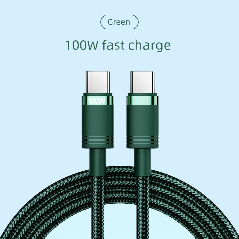 Двухголовый Type-C кабель с PD 100Вт быстрой зарядкой, зеленый, длина 0.5м для iPhone, Samsung, iPad и ноутбуков
