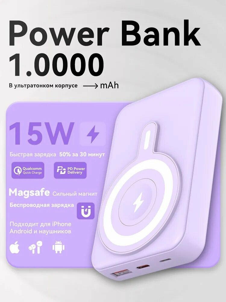 Внешний аккумулятор, 10000 мАч, 15 Вт, сиреневый, 829-PURPLE