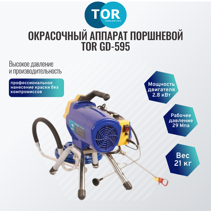 Окрасочный аппарат поршневой 290 бар, 4 л/мин, 2,8 кВт, 220 В TOR GD-595
