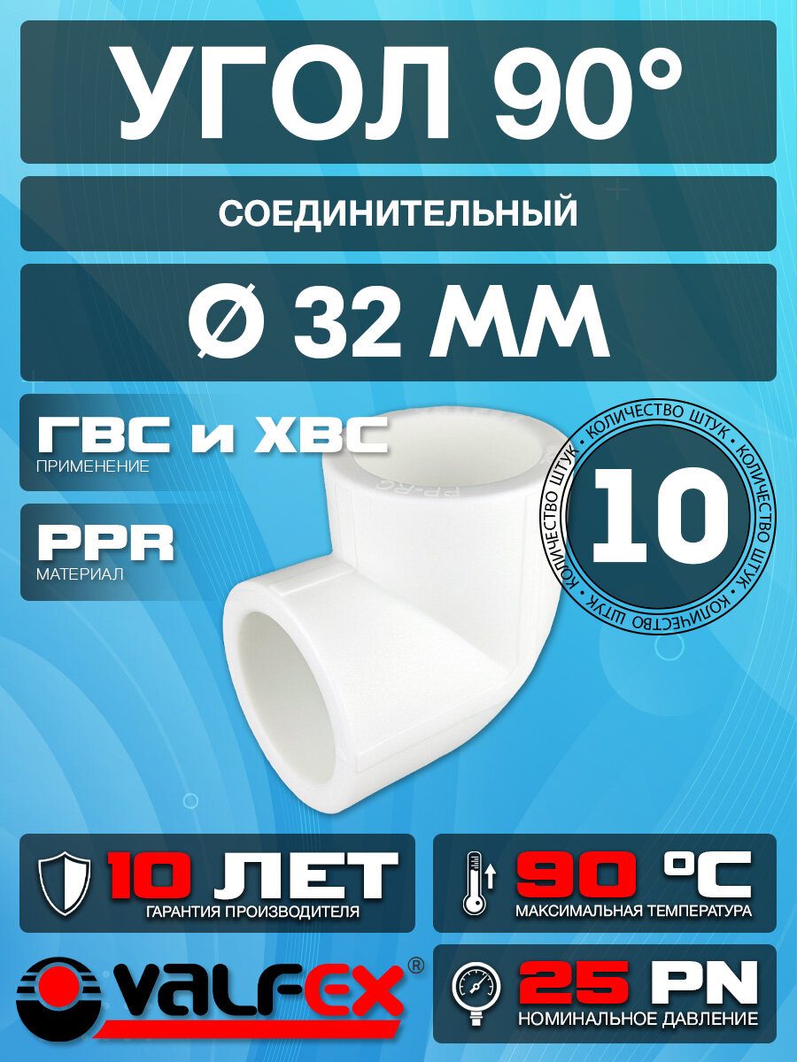 Угол полипропиленовый 90° градусов, для труб диаметром 32 мм. (10 шт)