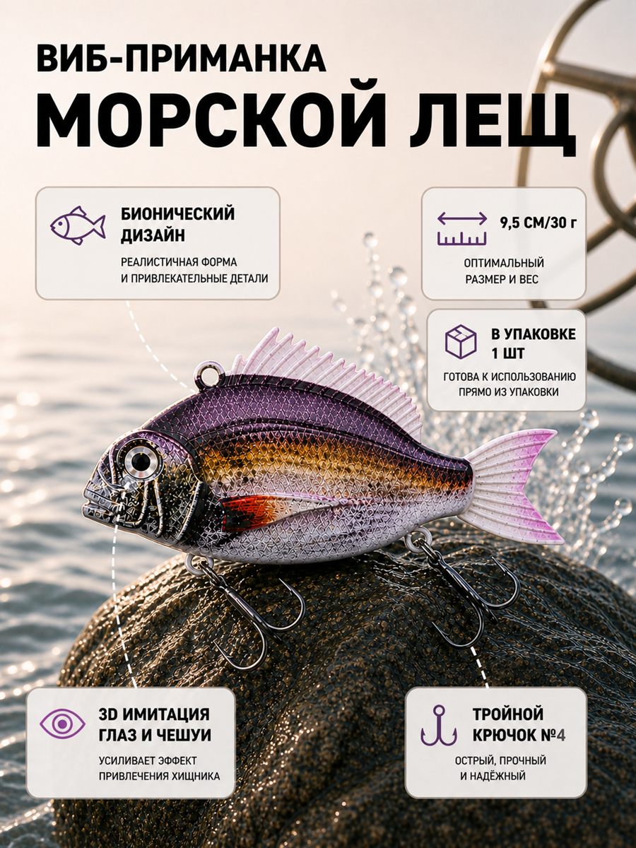Рыболовная 3D вибрационная виб-приманка (VIB), имитация морского леща, тонущая для дальнего заброса, с тройным крючком 9,5 см/30 г, темно-розовая-белая