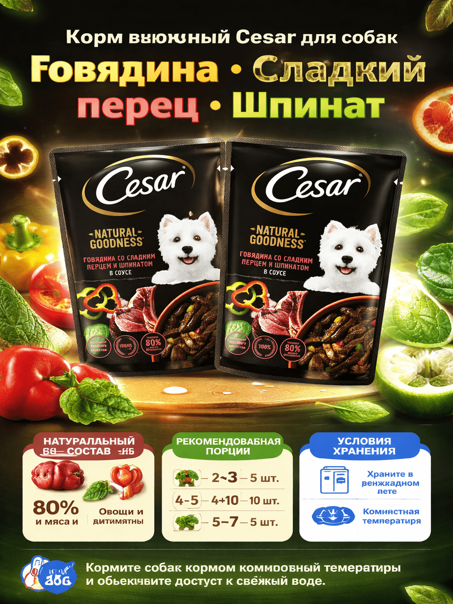 Корм влажный Cesar для собак говядина-сладкий перец-шпинат, 80г x 2 упаковки