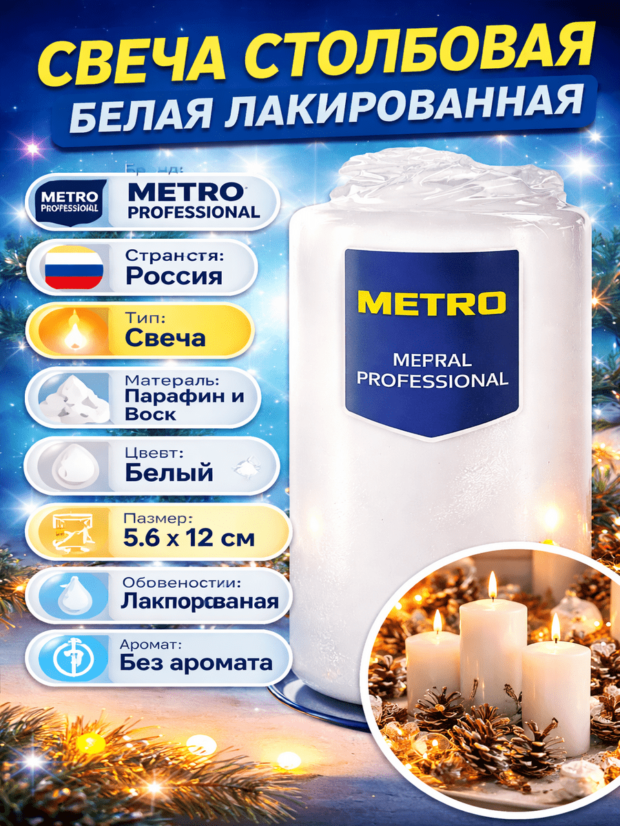 METRO PROFESSIONAL Свеча столбовая белая лакированная, 5.6 x 12см