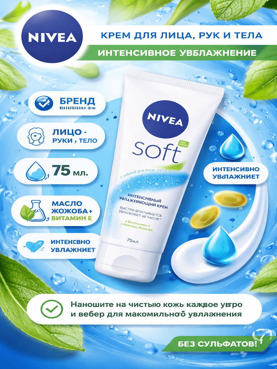 Крем для лица, рук и тела Nivea Sоft Интенсивный увлажняющий, 75мл