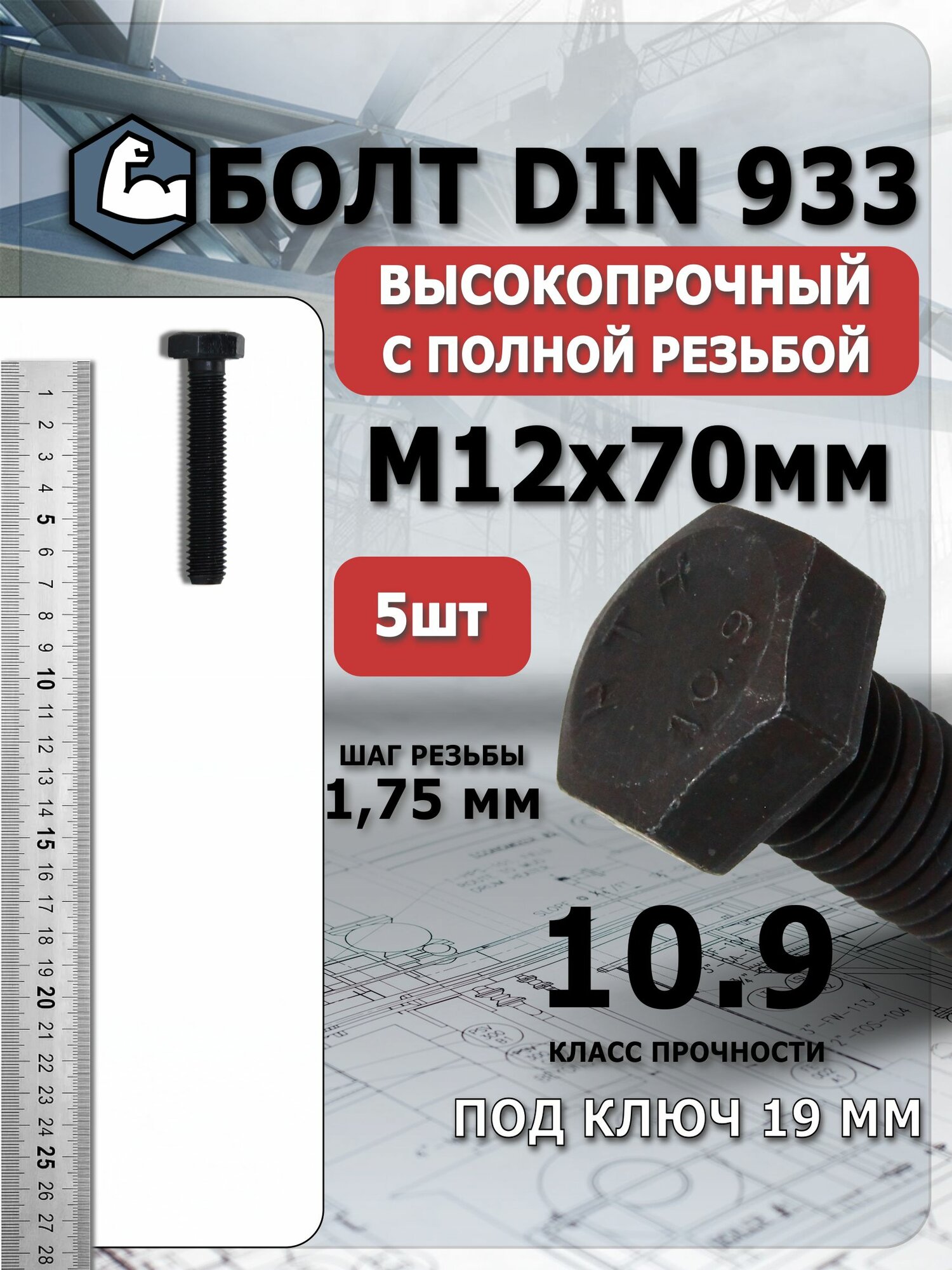 Болт шестигранный DIN933 12х 70 10.9 (5шт)